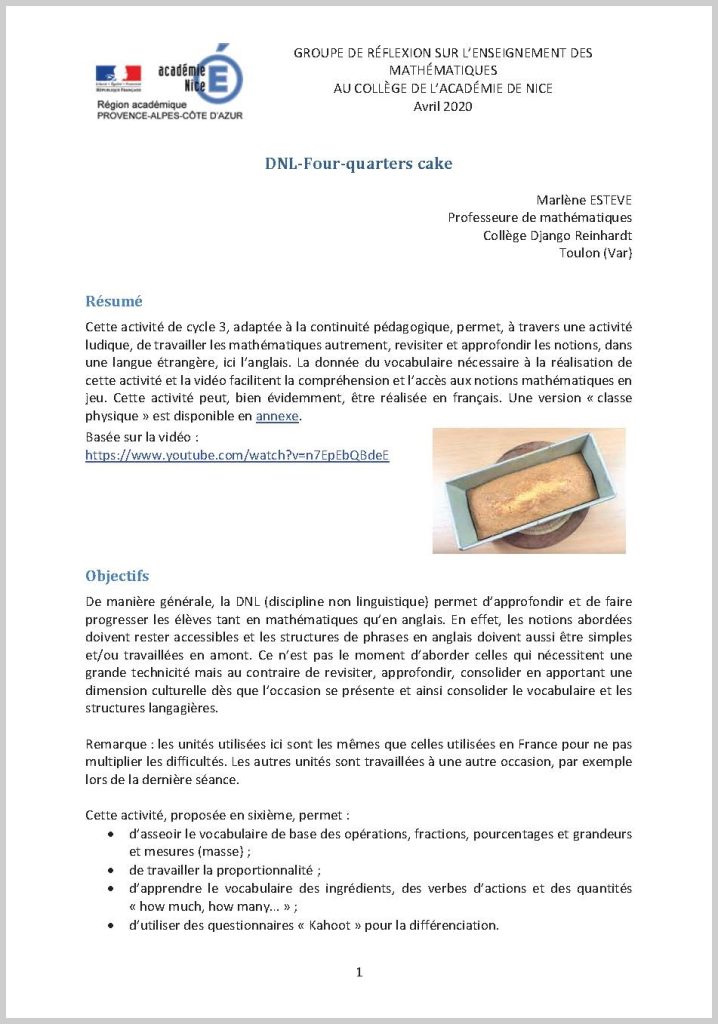 DNL-Four-quarters cake | Site pédagogique de Mathématiques
